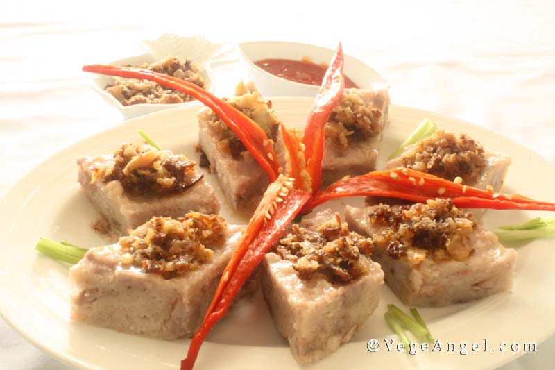 Vegetarian Recipe: Taro Cake Topped with Diced Turnip | Vege Angel